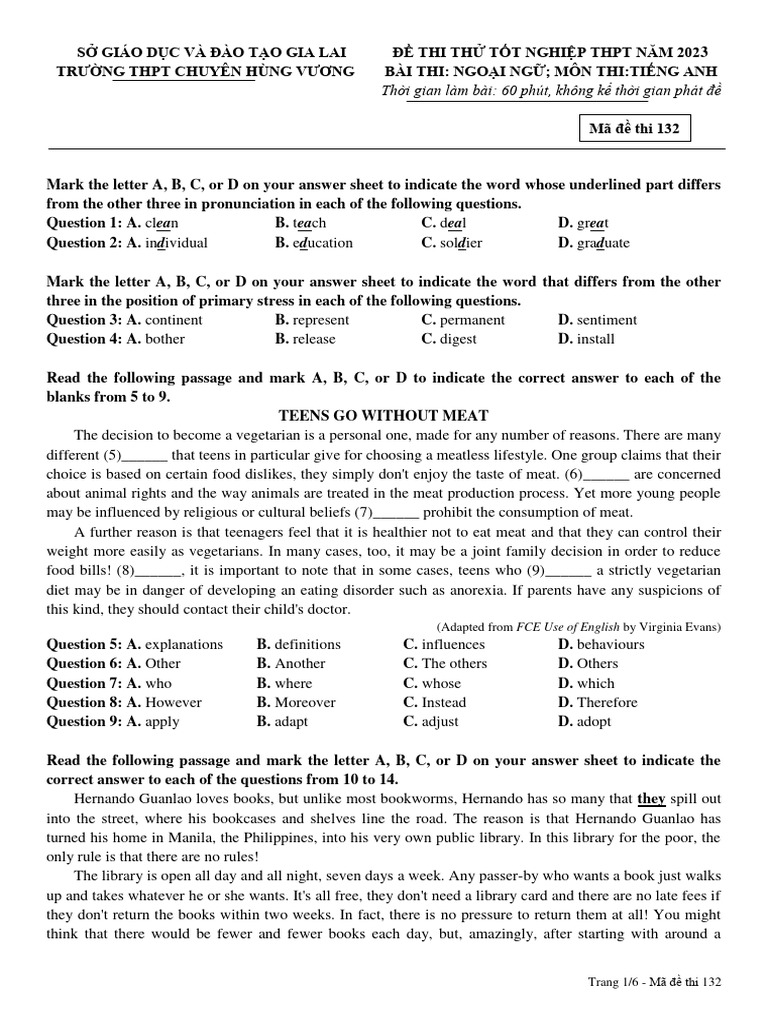 De Thi Thu THPT Quoc Gia 2023 Mon Anh Chuyen Hung Vuong | Download Free PDF | Smile | Emotions