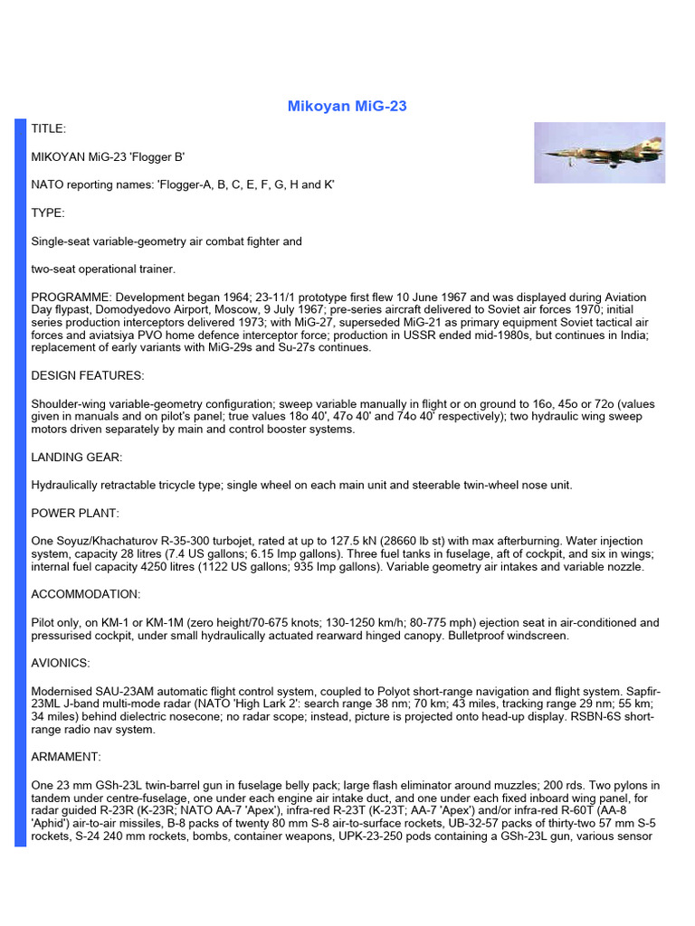Mikoyan MiG 23 | Download Free PDF | Fighter Aircraft | Aircraft