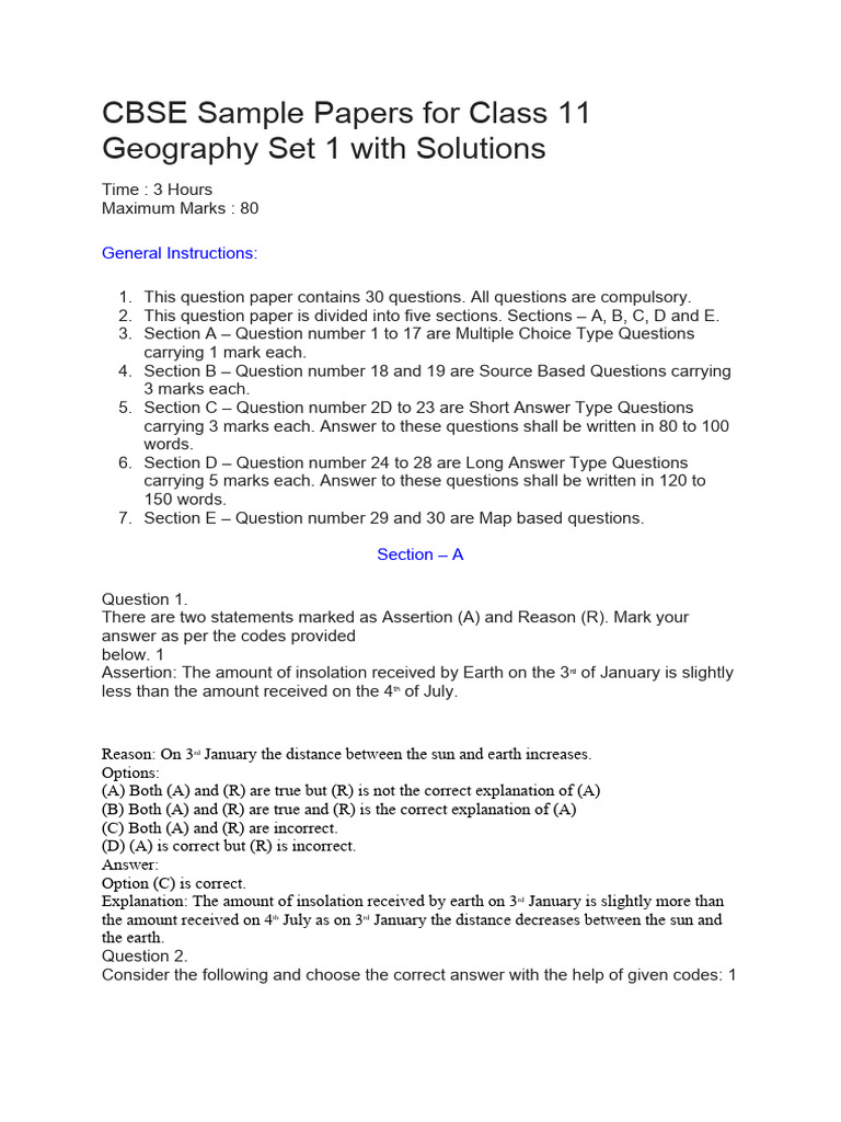CBSE Sample Papers For Class 11 Geography Set 1 With Solutions | PDF ...