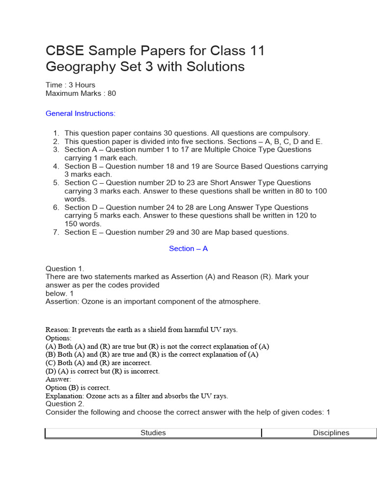 CBSE Sample Papers for Class 11 Geography Set 3 with Solutions ...