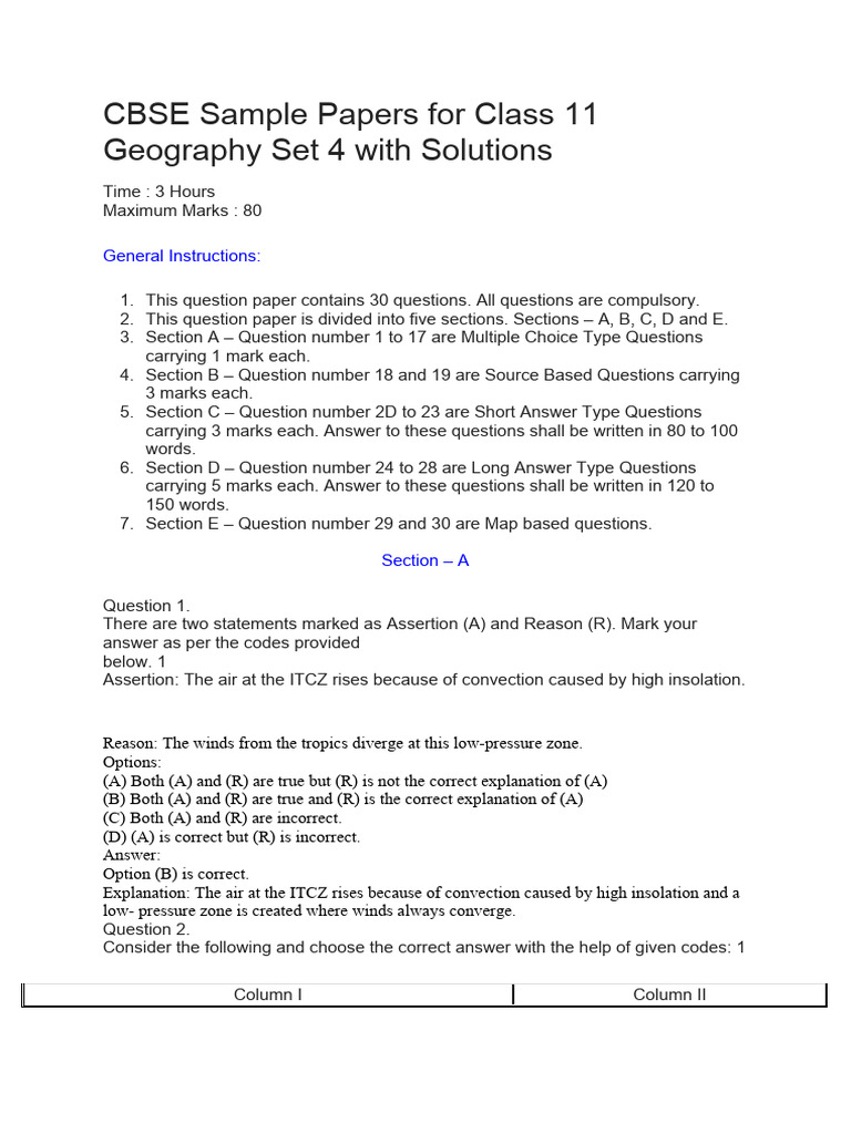 Class 11 Geography Sample Paper Set 4 | PDF | Tropical Cyclones ...