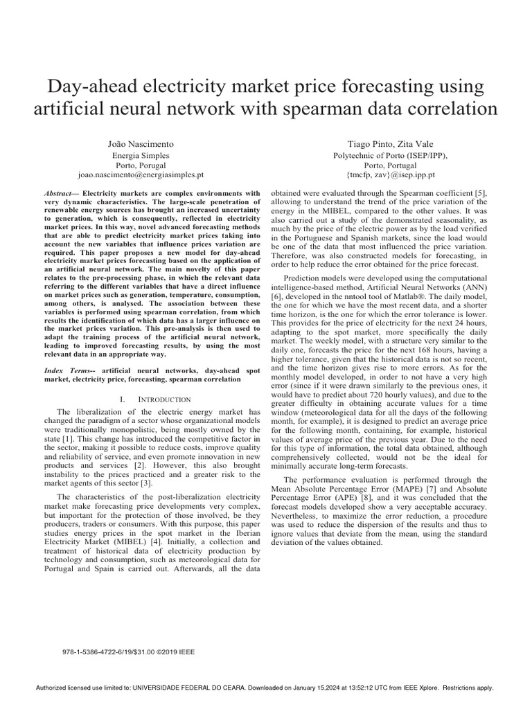 Day Ahead Electricity Market Price Forecasting Using Artificial Neural