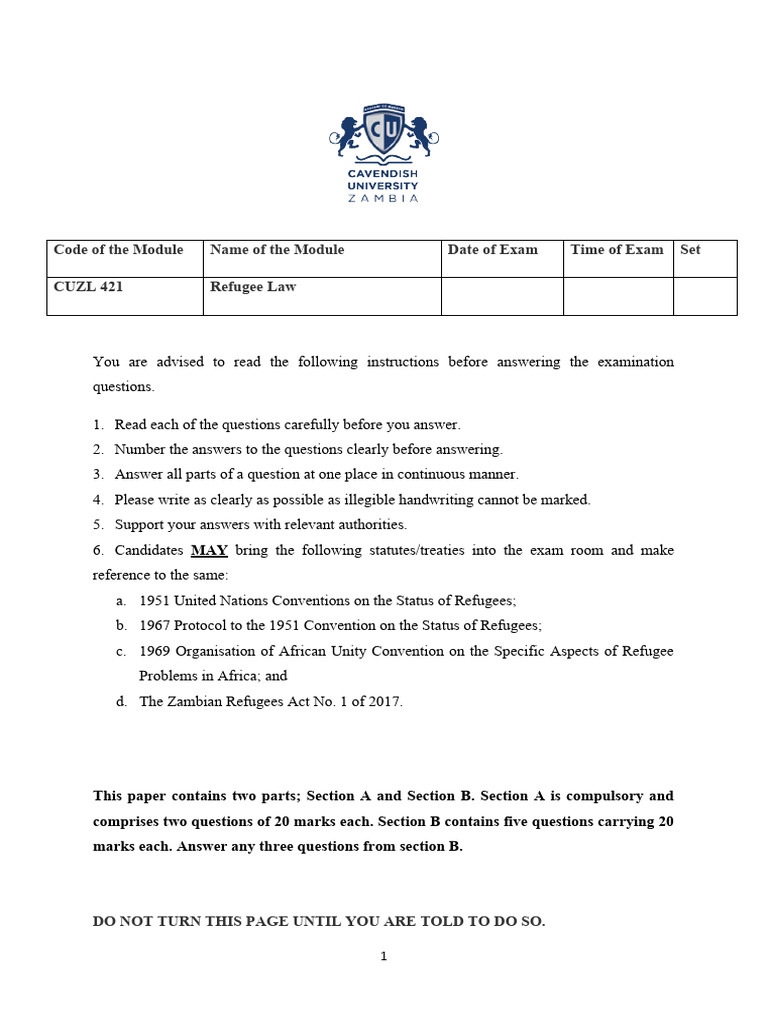 Refugee Law Exam Instructions and Questions | PDF | Refugee ...
