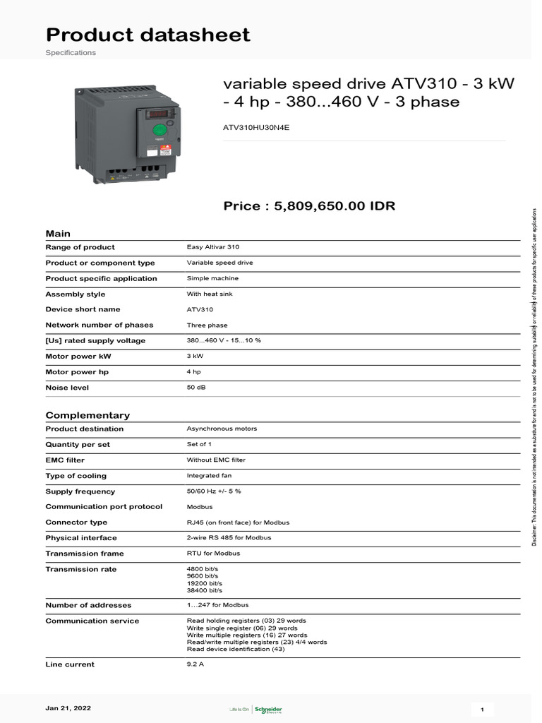 ATV310 Variable Speed Drive Datasheet | PDF | Resistor | Electric Motor