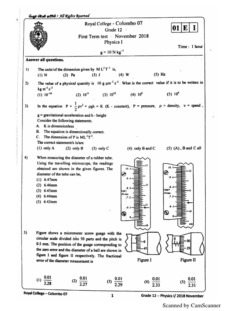 2018 Royal College Physics Grade 12 1st Term Test Paper(English Medium ... 2018 Royal College Physics Grade 12 1st Term Test Paper(English Medium ...