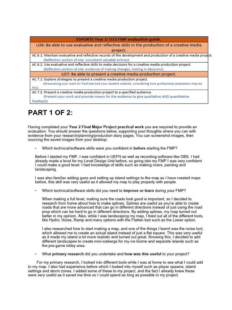 Part 1 of 2:: LO6: Be Able To Use Evaluative and Reflective Skills in The Production of A ...