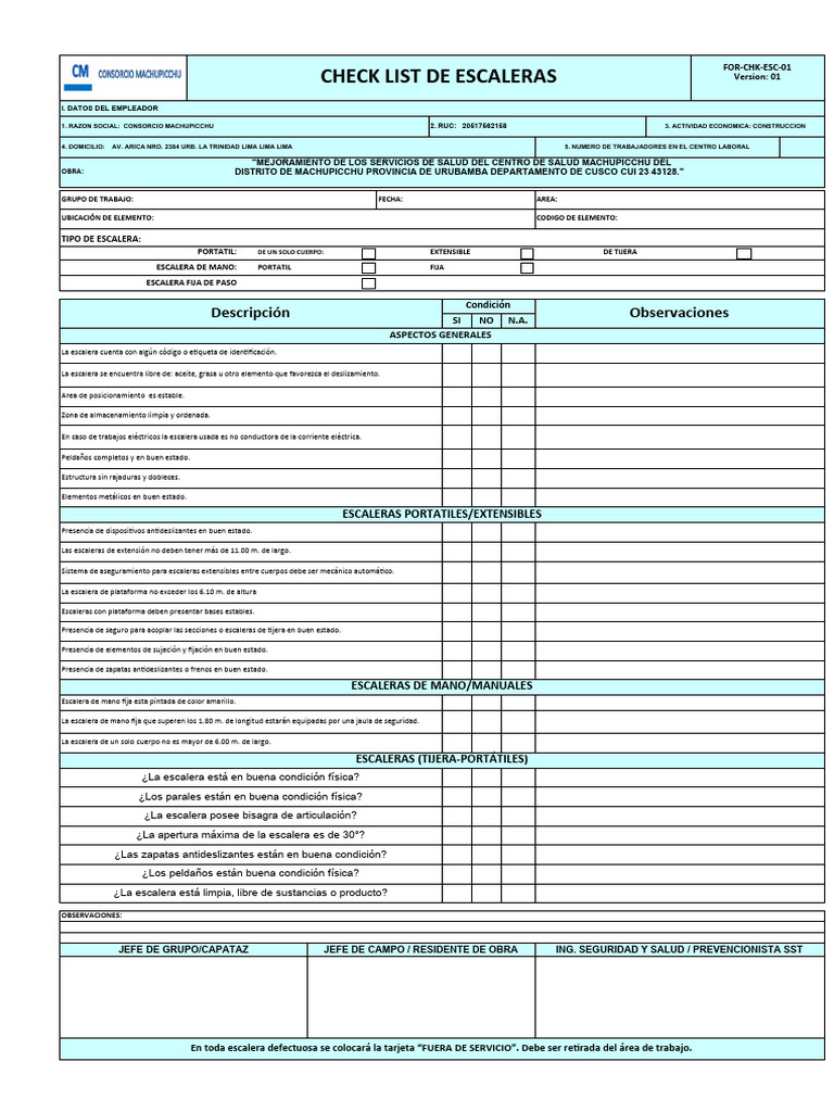 For-Chk-Esc-01-Check List de Escalera | PDF | Escalera | Escalera