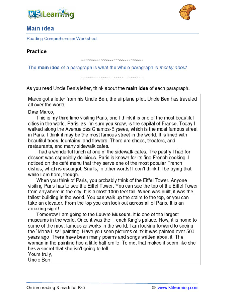 Main Idea Comprehension Worksheet | PDF | Art | Poetry