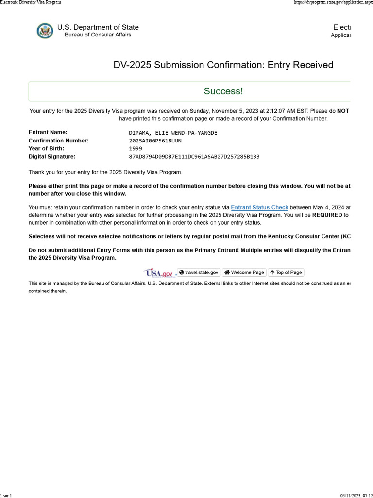 DV-2025 Submission Confirmation: Entry Received: Success! | PDF