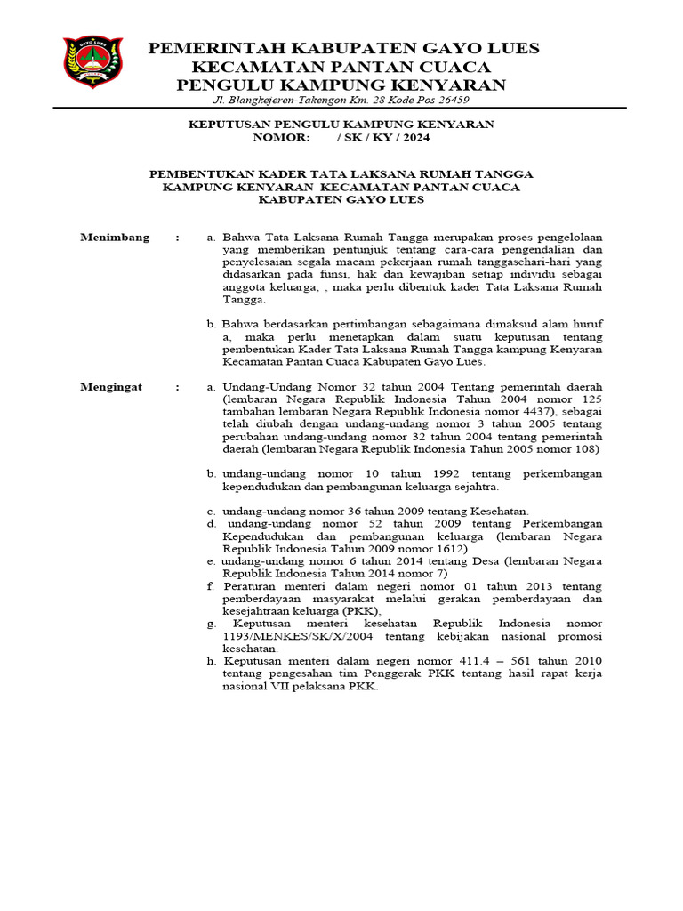 Pembentukan Kader Tata Laksana Rumah Tangga | PDF