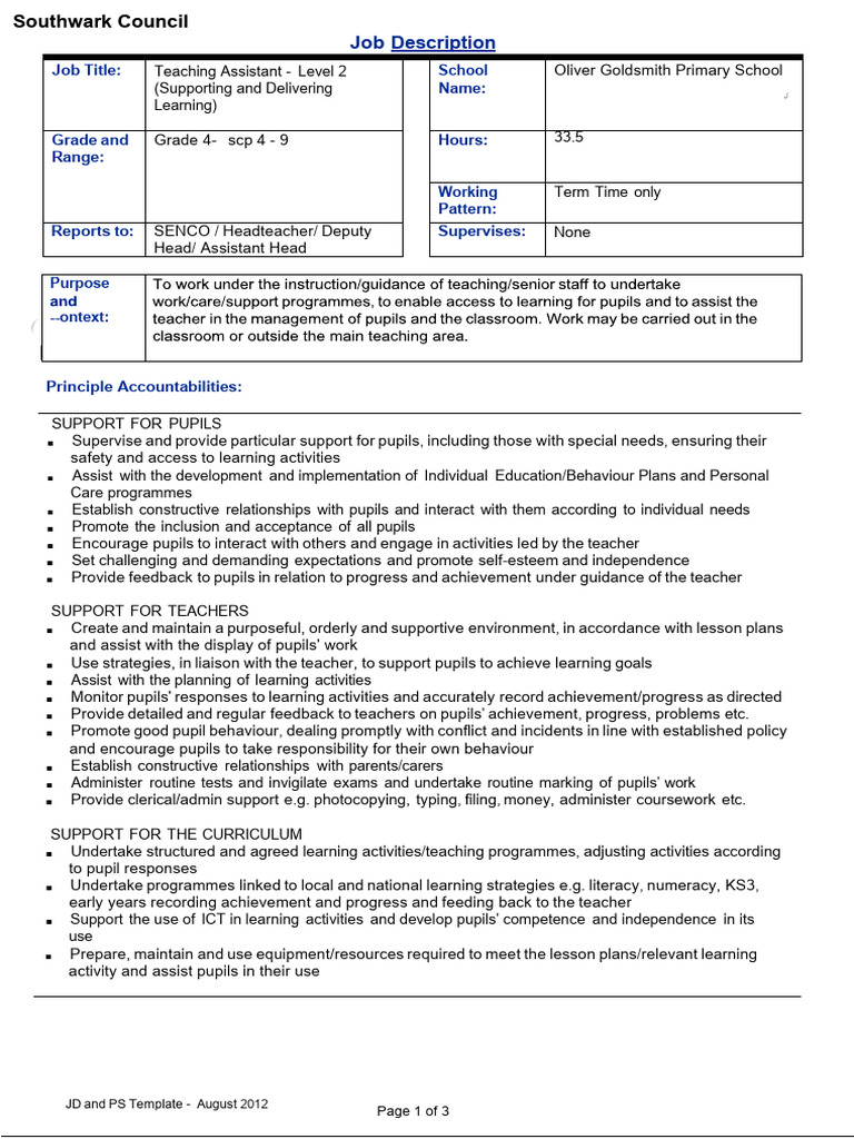 JD Teaching Assistant Grade 4 | PDF | Teachers | Learning