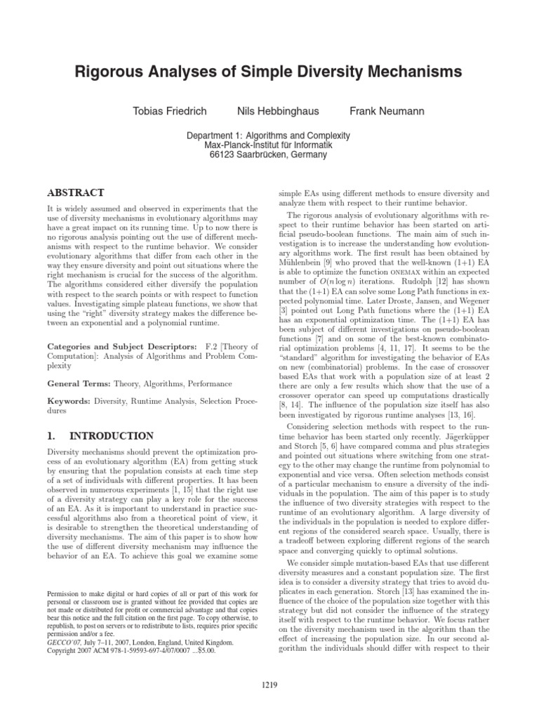 2007-Rigorous Analyses of Simple Diversity Mechanisms | PDF | Time Complexity | Mathematical ...