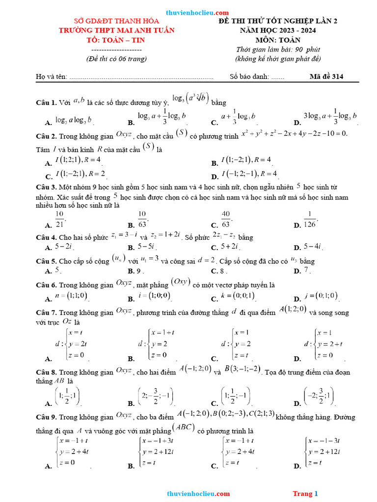 De Thi Thu TN Mon Toan 2024 THPT Mai Anh Tuan Lan 2 | PDF