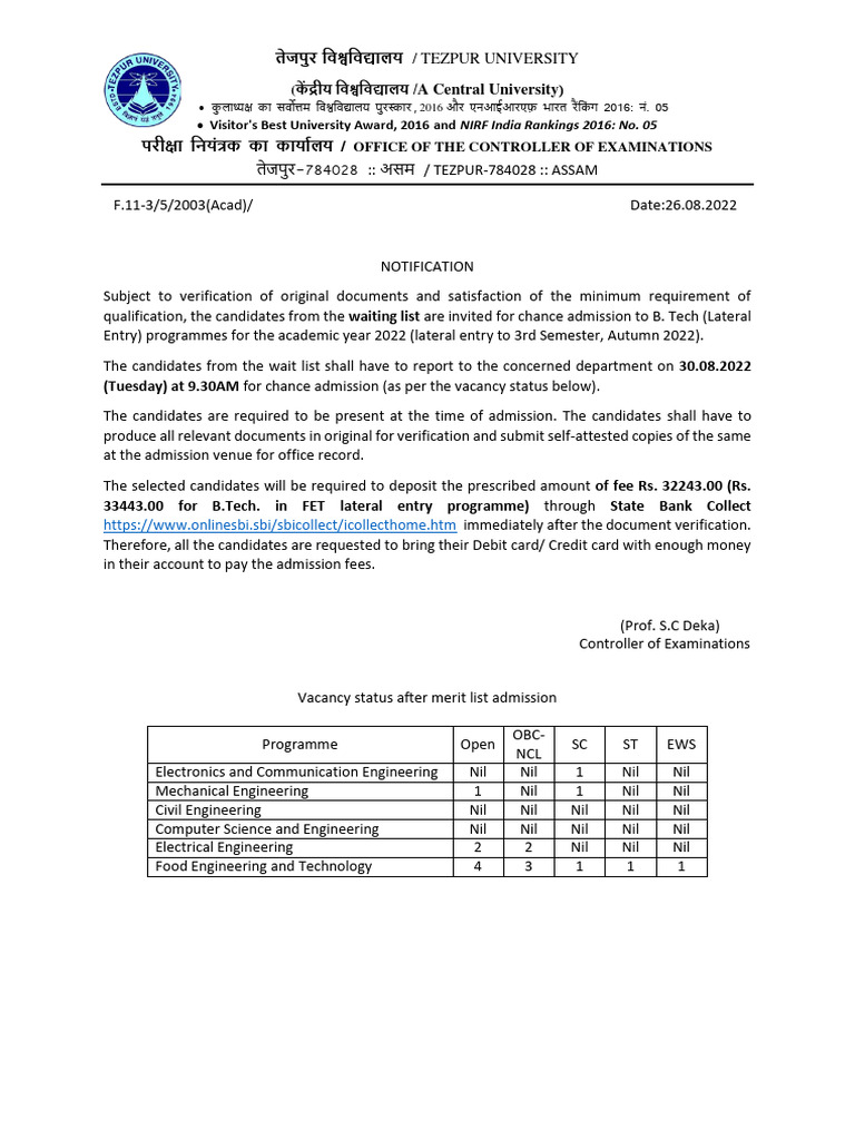 Tezpur University B.Tech Lateral Entry 2022 | PDF | Technology & Engineering