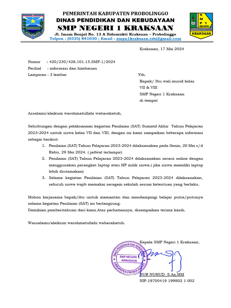 Surat Pemberitahuan SAT TP.2023-2024 | PDF