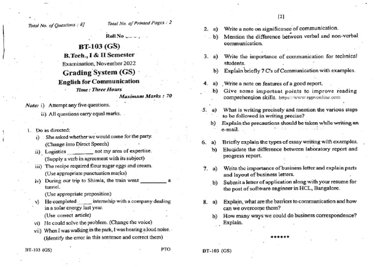 BT 103 English For Communication Nov 2022 | PDF