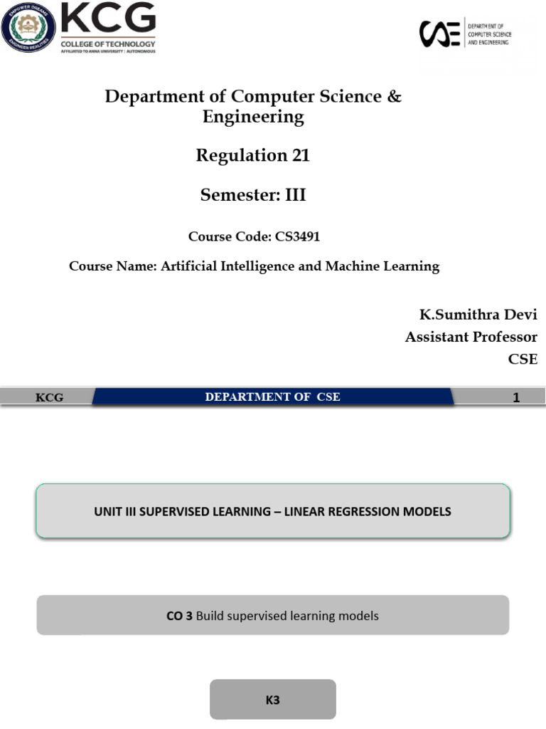 Cs3491 - Aiml - Unit III - Linear Regression Models | PDF | Regression Analysis | Linear Regression