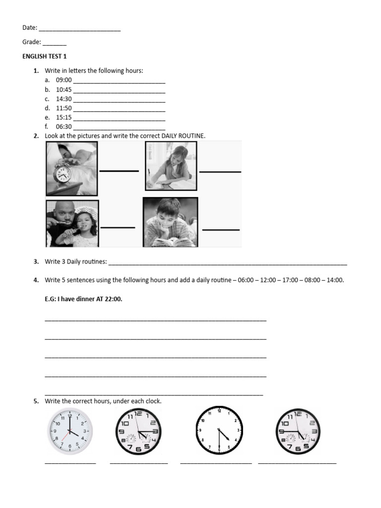 English Test: Daily Routines & Time | PDF | Art