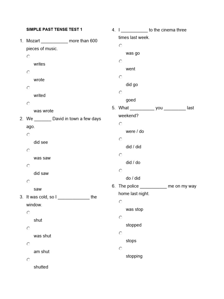 Simple Past Tense Test 2 | PDF