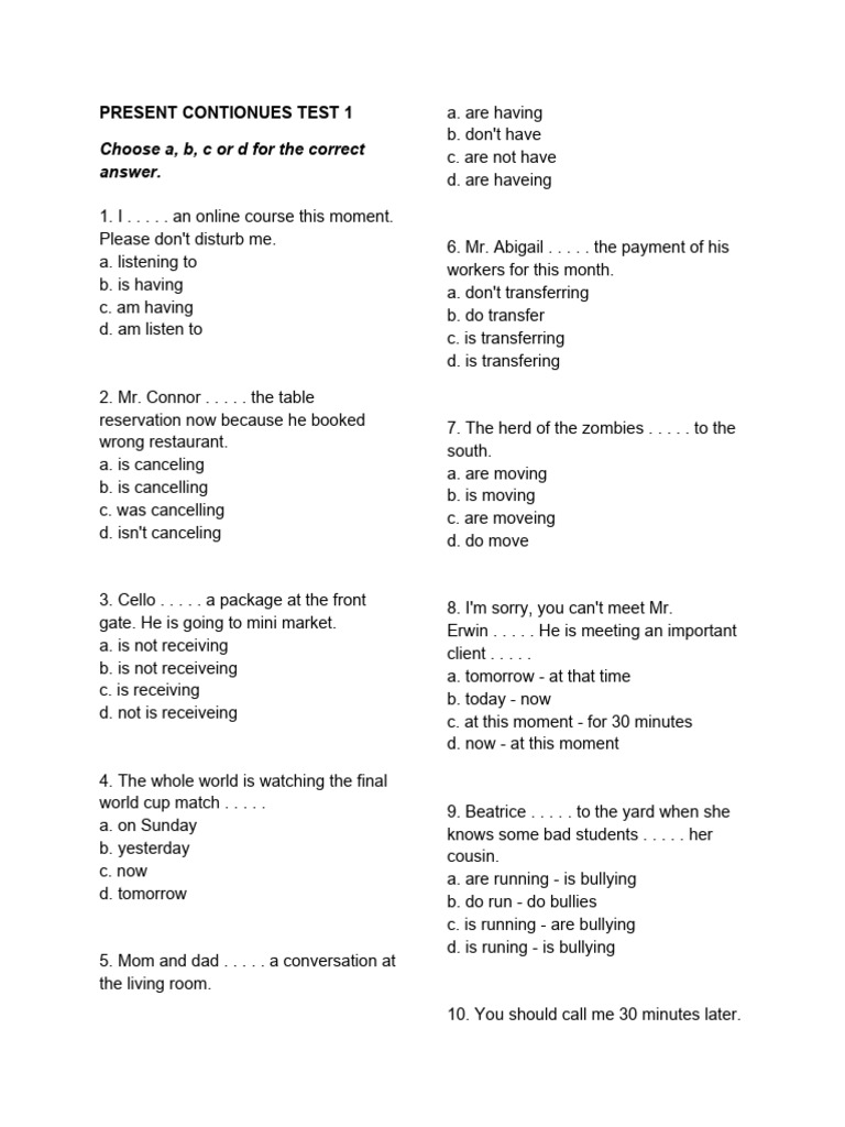 Present Continuous Tense Quiz | PDF