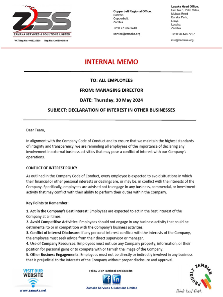 Internal Staff Memo 30 May 2024 - Bussiness Decleration | PDF | Conflict Of Interest | Business