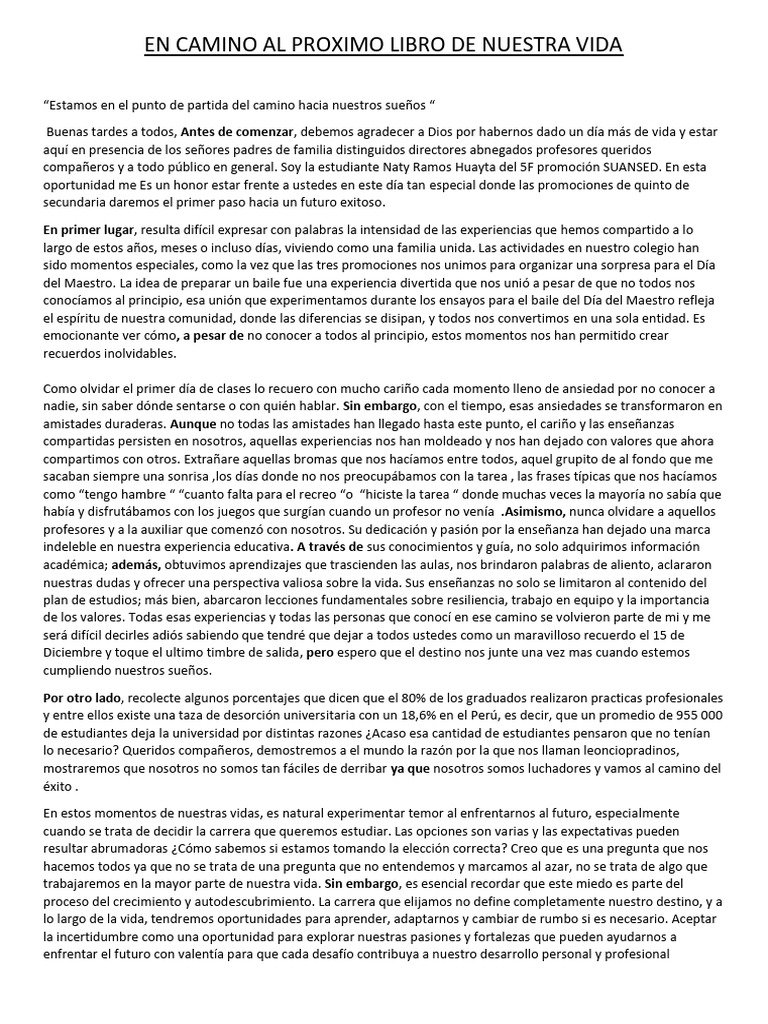 Discurso 5F en Camino Al Proximo Libro de Nuestra Vida | PDF