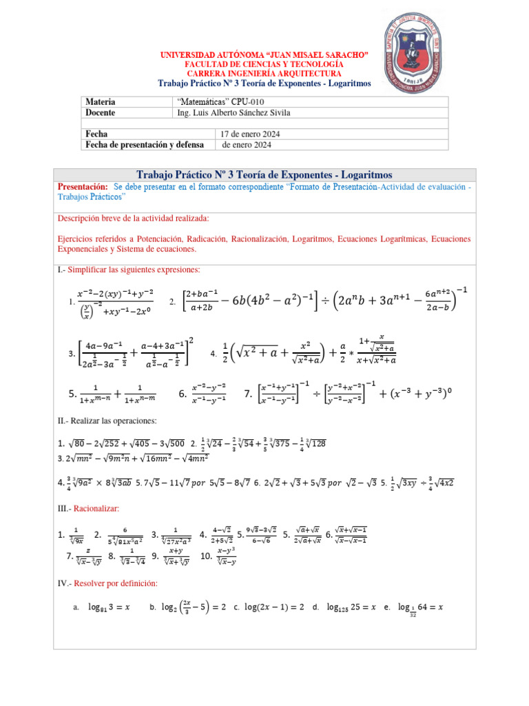 Trabajo Práctica Unidad #3 Teoria de Expontes - Logaritmos | PDF ...