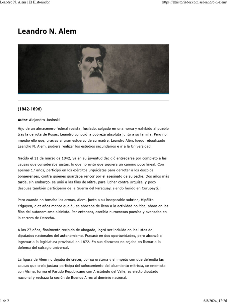 Leandro N. Alem El Historiador | PDF | Argentina | Gobierno