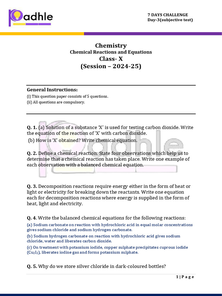 Class X Chemistry: Chemical Reactions Test | PDF