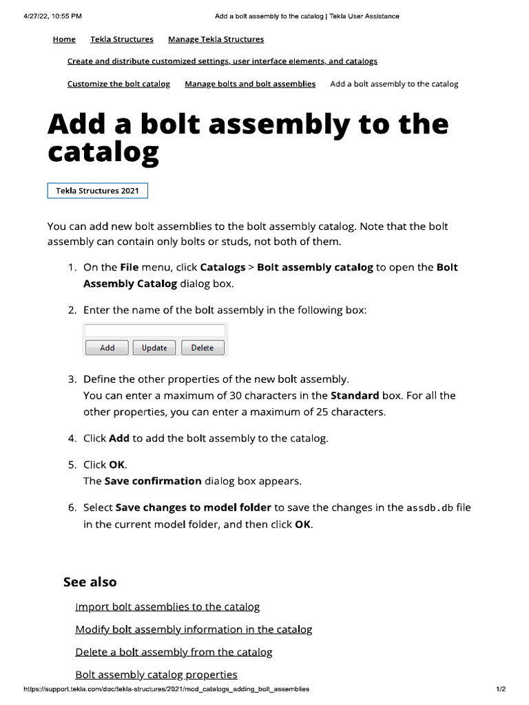 Add A Bolt Assembly To The Catalog - Tekla User Assistance | PDF