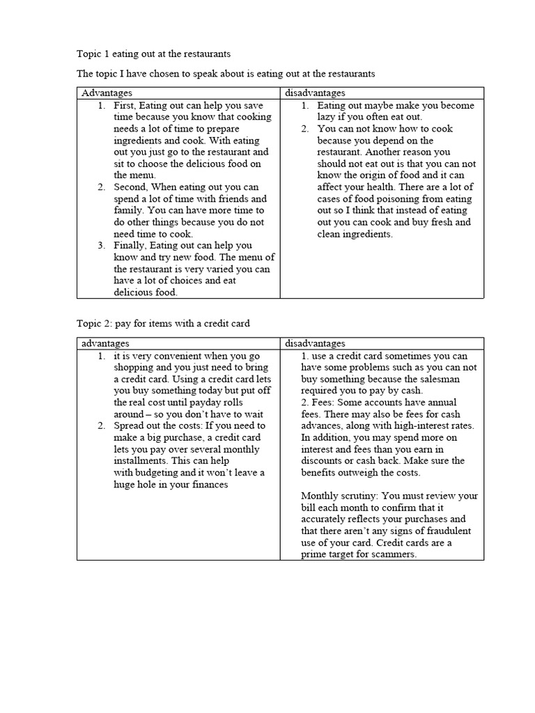 Pros and Cons of Dining Out & Credit Cards | PDF | Credit Card ...