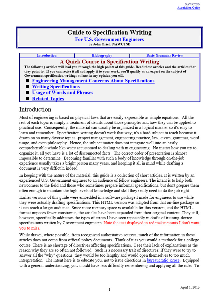 Government Specification Writing Guide | PDF | Specification (Technical ...