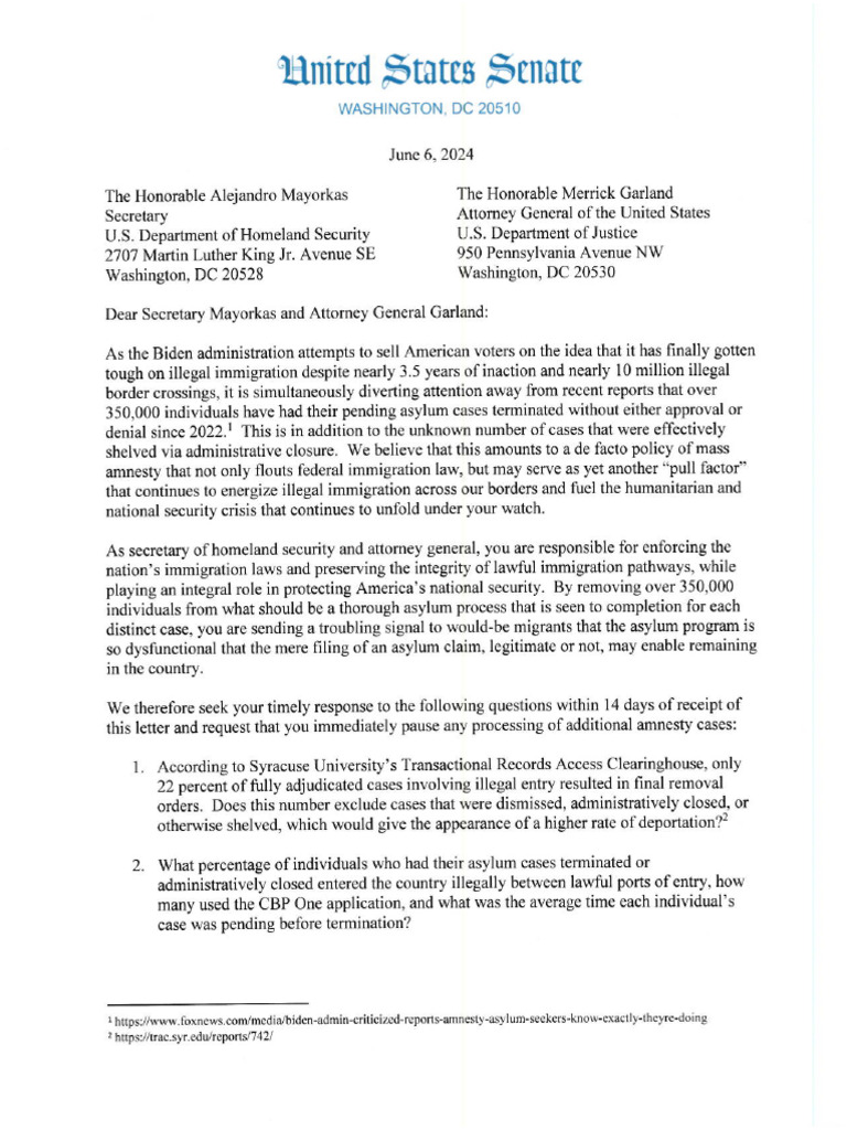 (DAILY CALLER OBTAINED) -- Sens. Thune Vance Letter to DHS DOJ Re ...