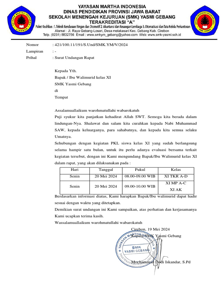Surat Undangan Rapat Untuk Walimurid Kelas XI | PDF
