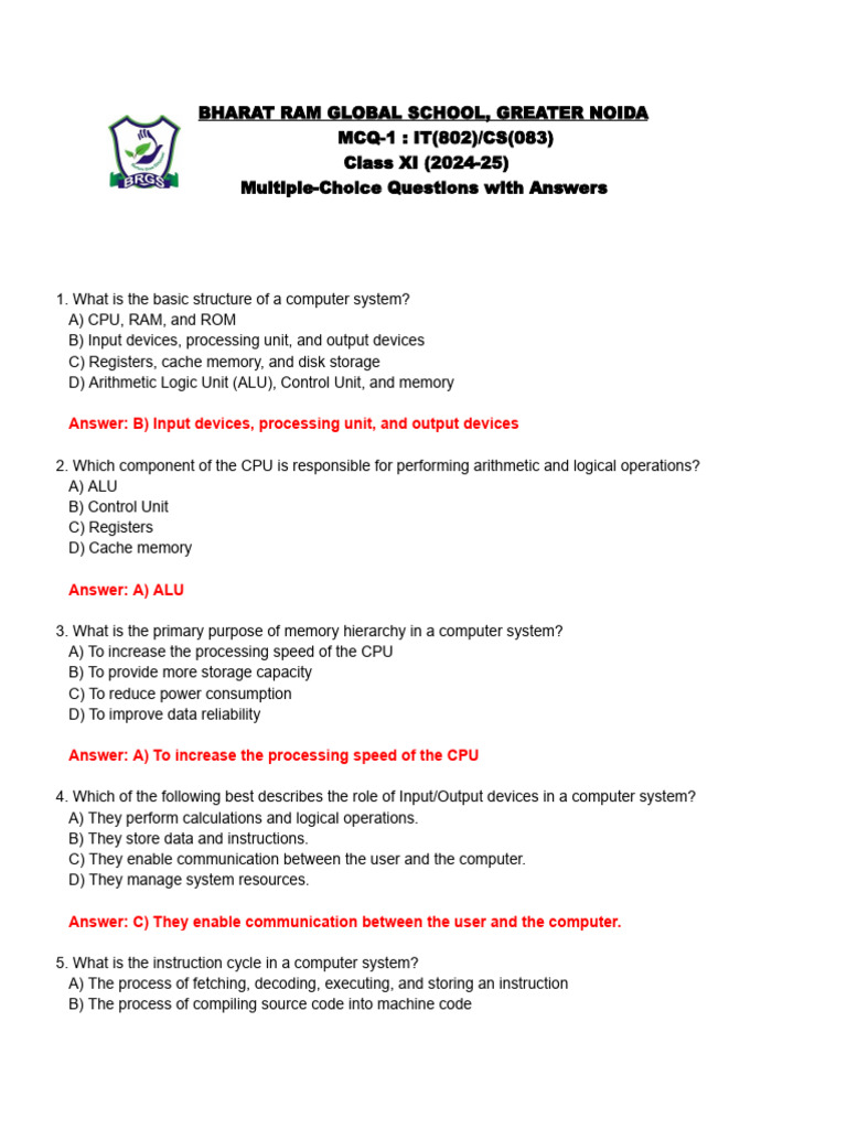 MCQ 1 Class Xi It Cs | PDF | Central Processing Unit | Computer Data Storage