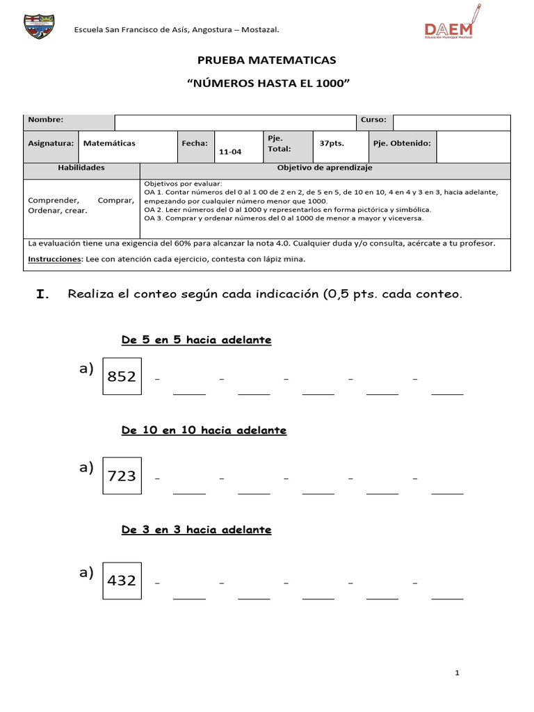 Prueba Matemáticas Números Al 1000 | PDF