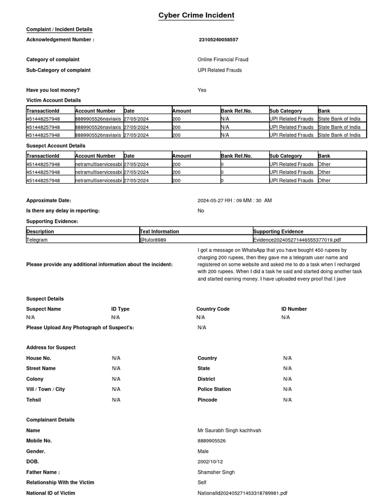 UPI Financial Fraud Incident Report | PDF | Fraud | Crimes