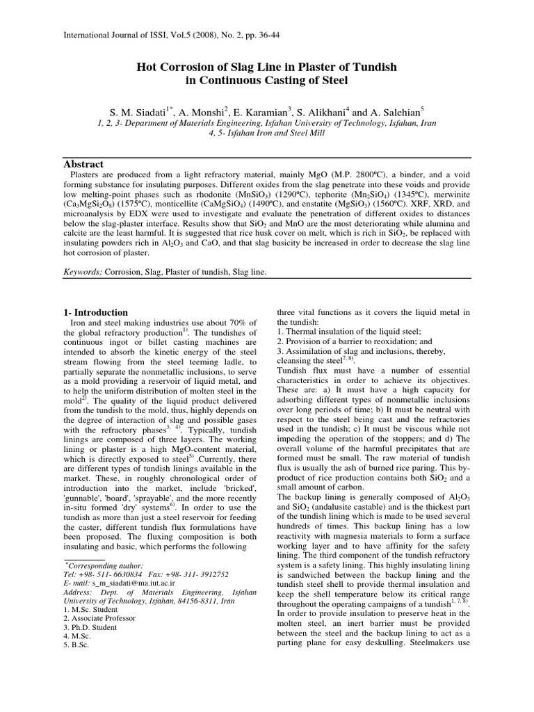 Hot Corrosion of Slag Line in Plaster of Tundish | PDF | Refractory ...