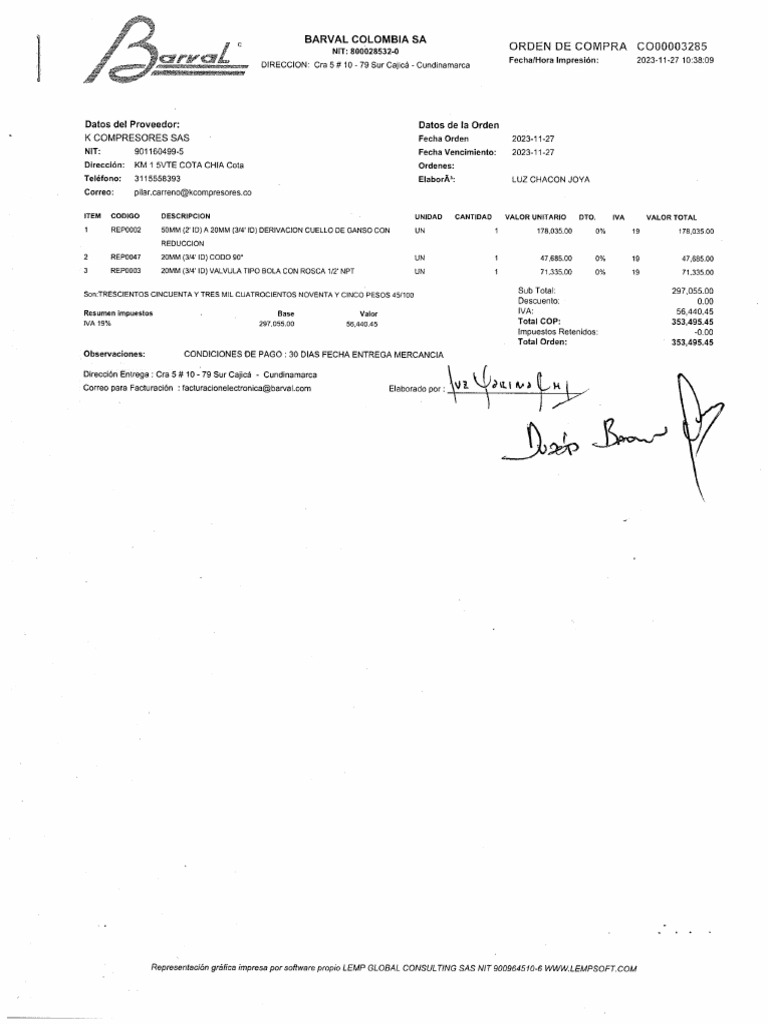 BARVAL S.A. - O Compra 3285 K Compresores | PDF