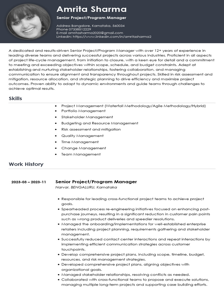 Amrita_Sharma_Resume - 01032024 | PDF | Project Management | Risk ... Amrita_Sharma_Resume - 01032024 | PDF | Project Management | Risk ...