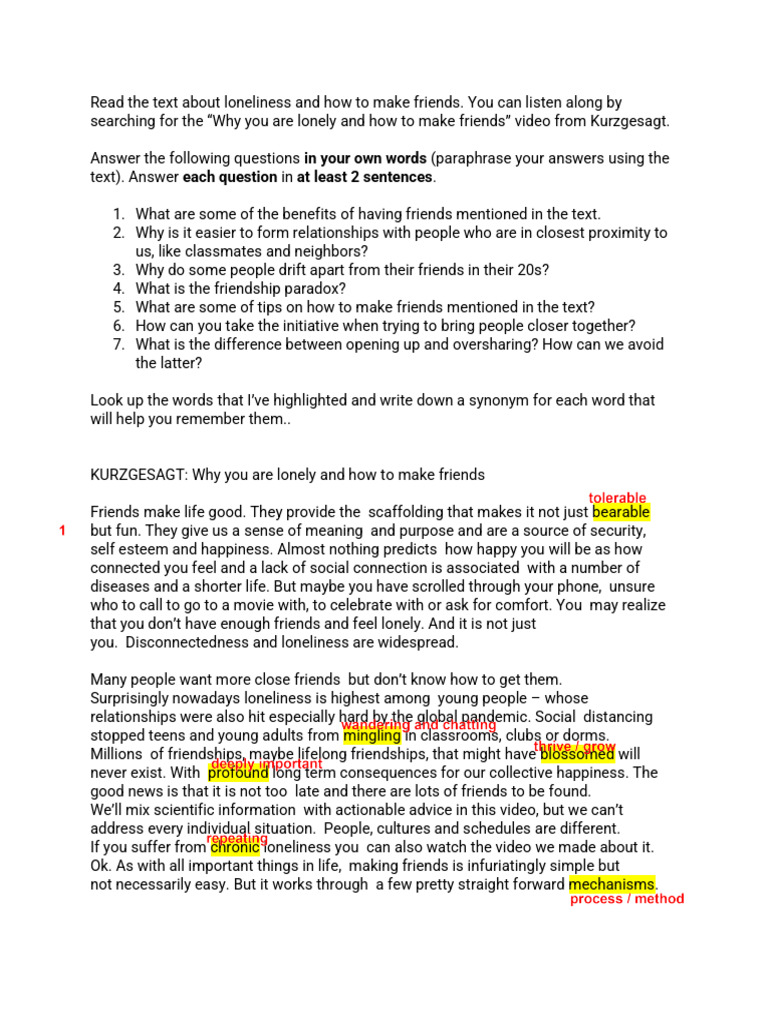 U7 - Relationships - Kurzgesagt Reading HW (How To Make Friends) | PDF ...