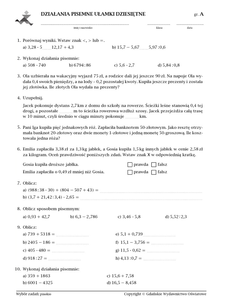 Klasa 6 Liczby Naturalne I Ulamki Dzialania Pisemneulamki Dziesietne | PDF