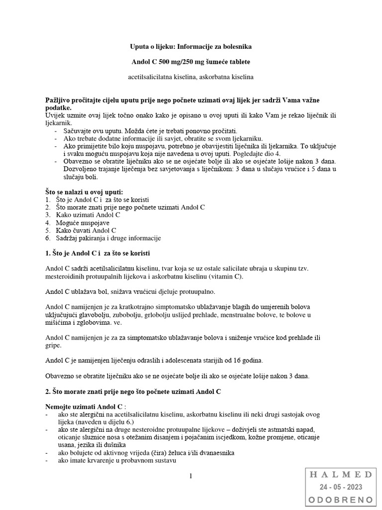 Andol C 500 MG 250 MG Sumece Tablete PIL | PDF
