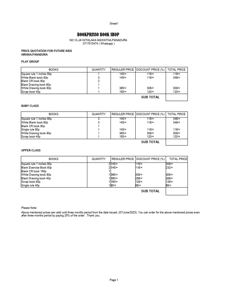 FUTURE KIDS PRICE QUOTATION | PDF