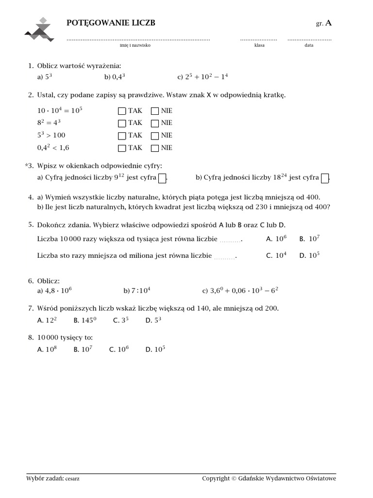 Klasa 6 Liczby Naturalne I Ulamki POTEGOWANIE LICZB | PDF