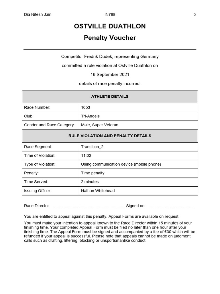 Ostville Duathlon Penalty Details | PDF