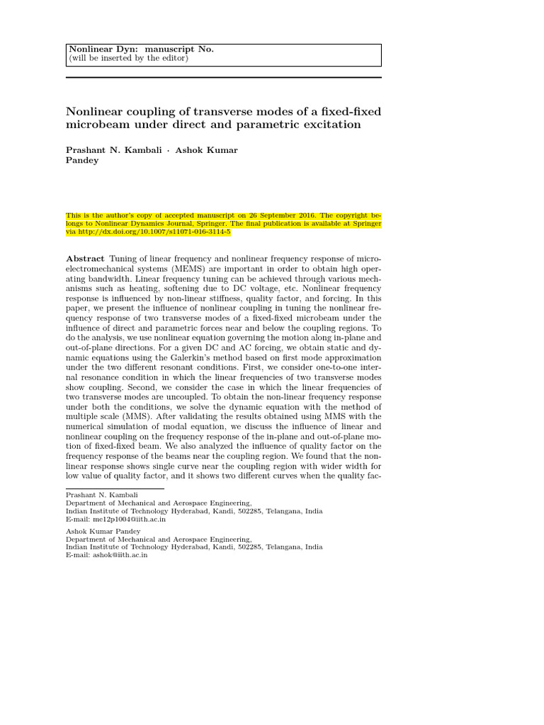 Nonlinear Coupling of Transverse Modes o | PDF | Nonlinear System ...