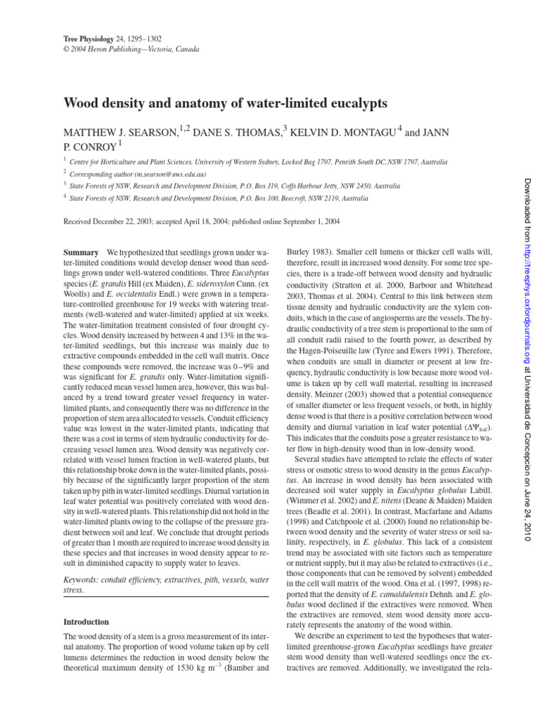 Wood Density and Anatomy of Water-Limited Eucalypts | PDF | Wood ...