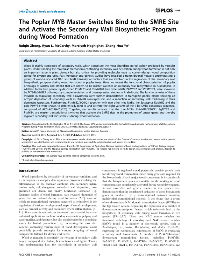The Poplar MYB Master Switches Bind to the SMRE Site | PDF ...
