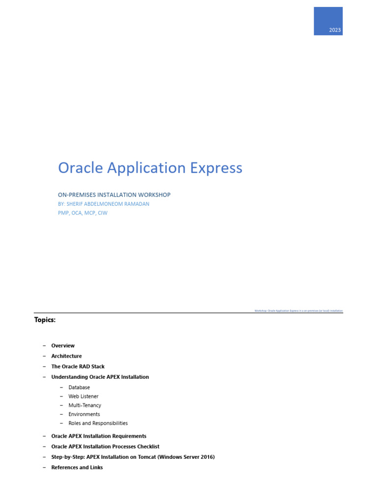 Step by Step Oracle APEX Installation On Tomcat 1696484581 | PDF | World Wide Web | Internet & Web